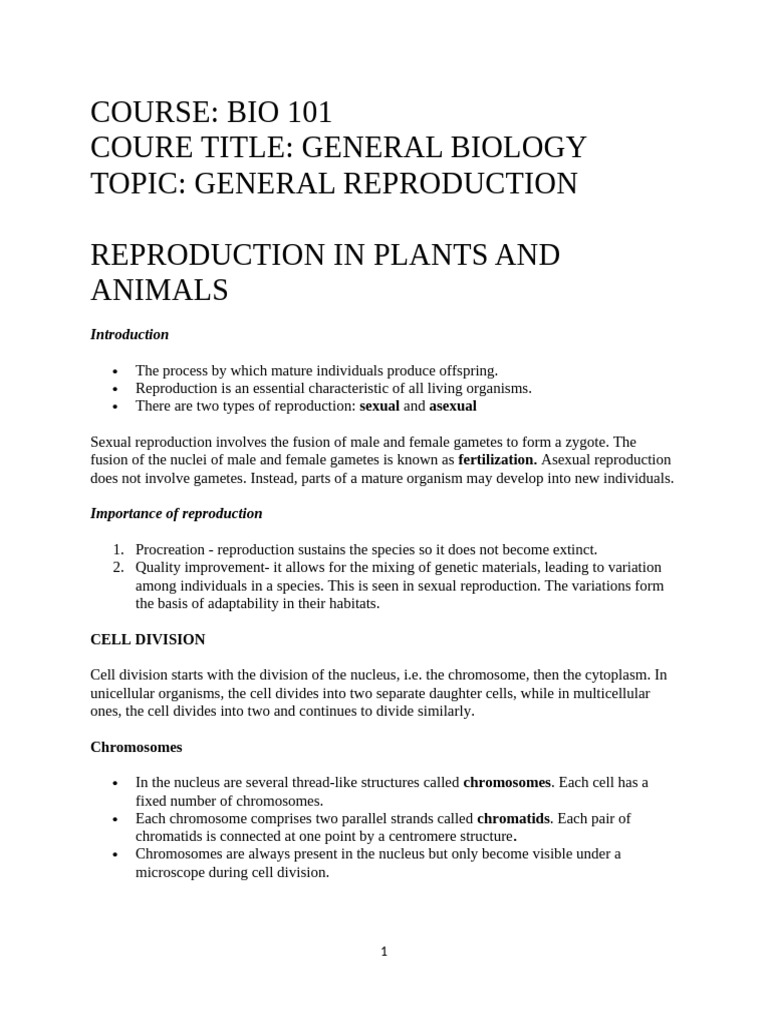 BIO 101 GENERAL Reproduction in Plants and Animals | PDF | Meiosis ...