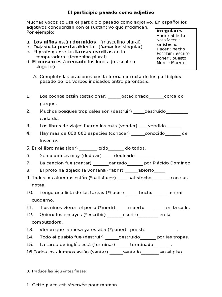 El participio pasado como adjetivo FORMULARIO. docx-3 | PDF | Sintaxis ...