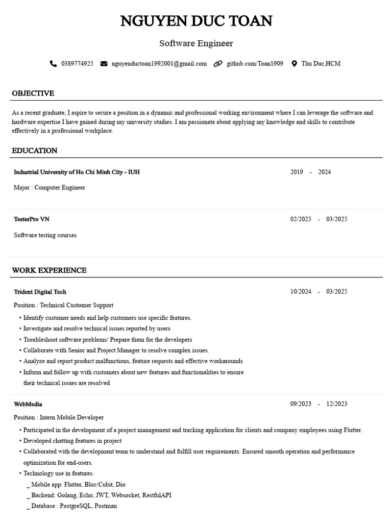 CV NGUYEN DUC TOAN - Software Engineer | PDF | Software | Selenium (Software)