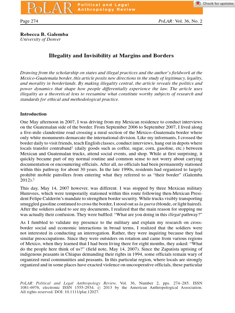 Galemba - Illegality and Invisibility at Margins and Borders | PDF ...