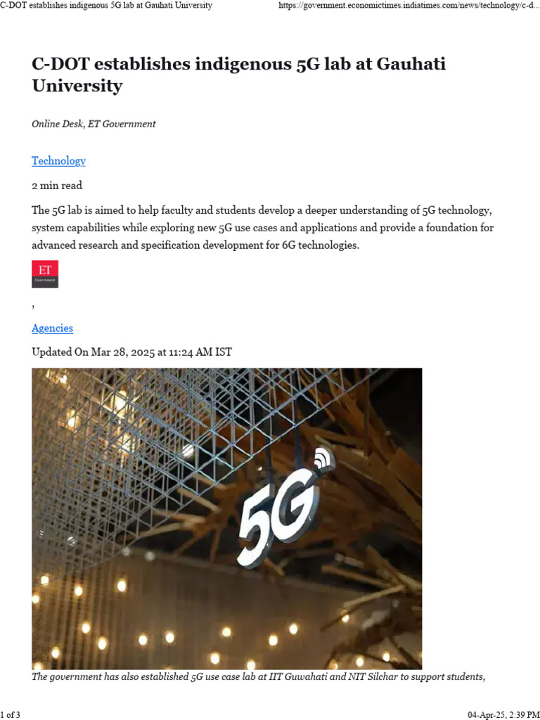 C-DOT Establishes Indigenous 5G Lab at Gauhati University | PDF | Telecommunications | Service ...
