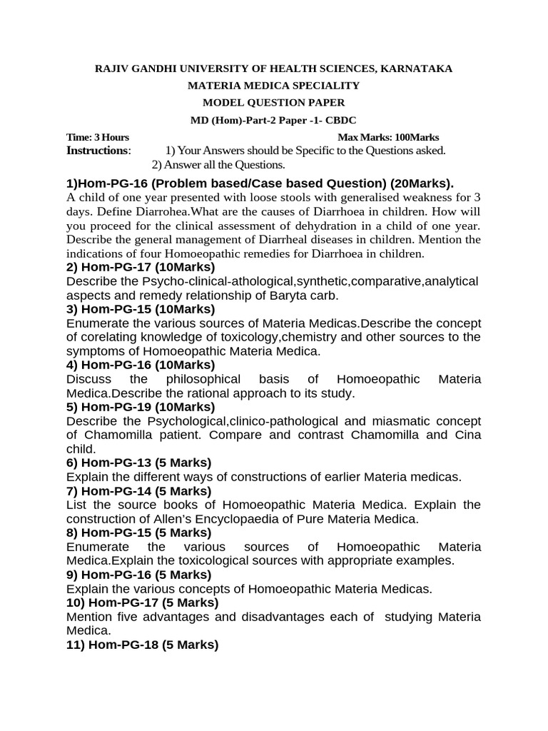 Materia Medica MD Model Question Paper | PDF