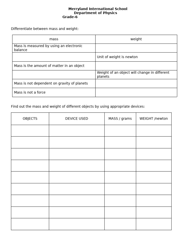 Mass and Weight Worksheet for Grade 6 | PDF | Weight | Mass