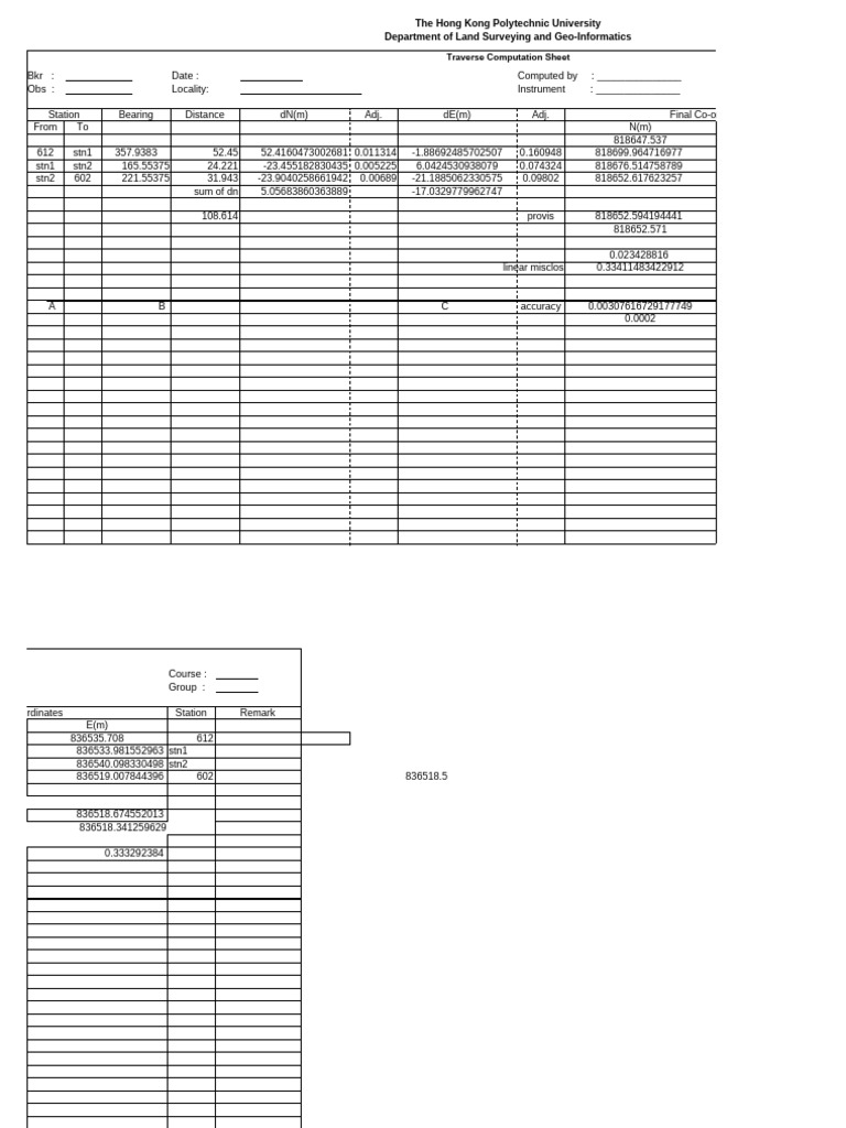 Traverse Computation Form | PDF | Surveying | Geographical Technology