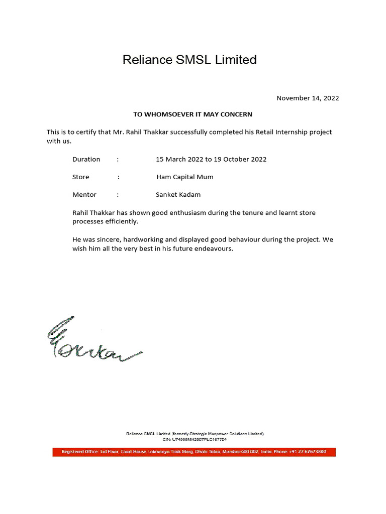 Experience Letter From RELIANCE 1743758271 | PDF