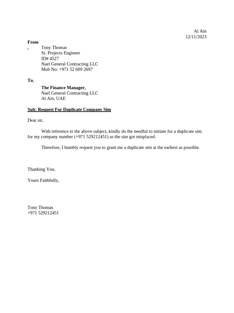 Letter For Duplicate Company Sim - Signed | PDF