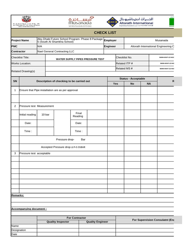 Checklist Water Supply Pipes | PDF