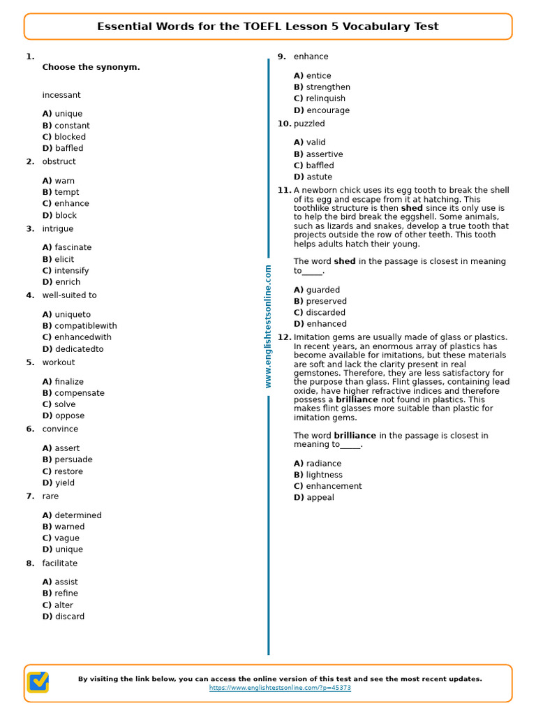 Essential TOEFL Vocabulary Test 5 | PDF | Battle Of The Little Bighorn ...