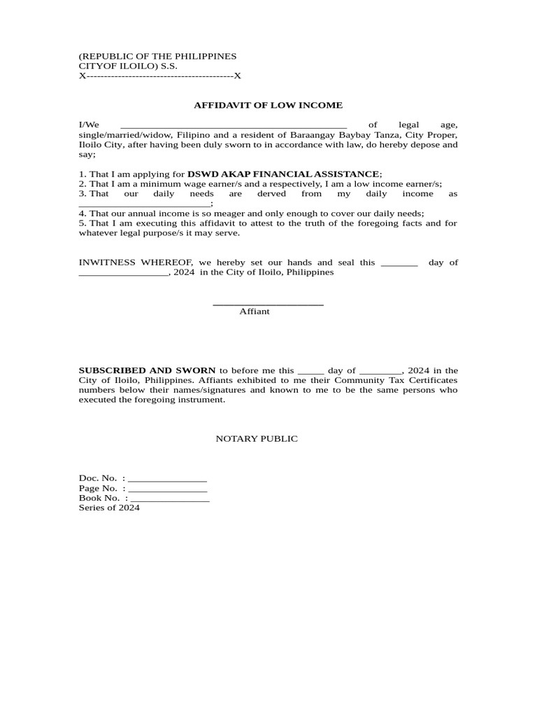 Affidavit of Low Income for DSWD Assistance | PDF
