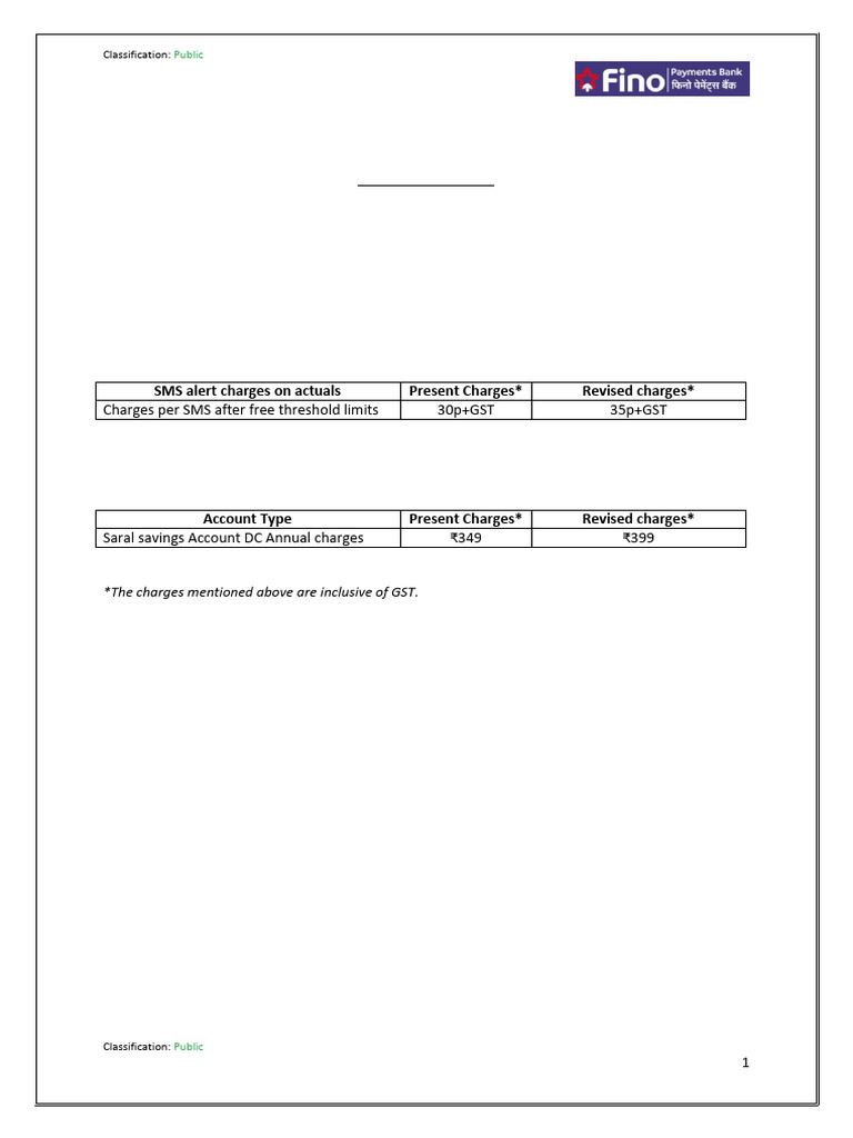 Important Notice: SMS Alert Charges On Actuals Present Charges Revised ...