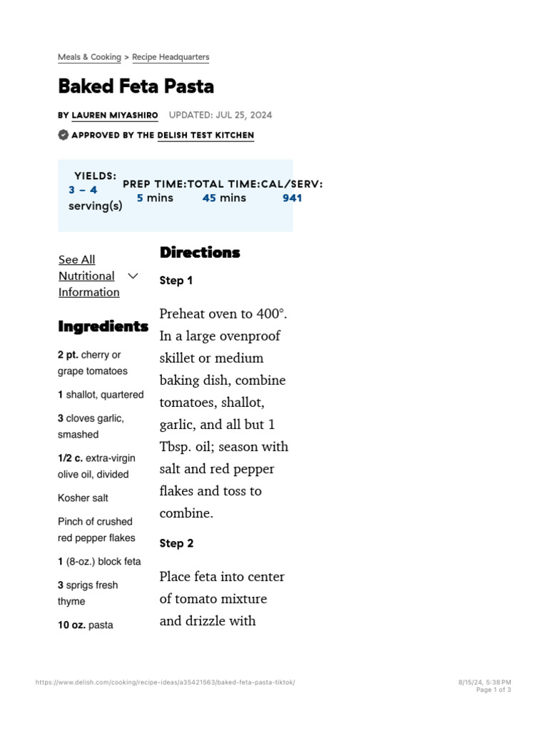 Baked Feta Pasta TikTok Recipe - How To Make Baked Feta Pasta | PDF | Pasta | Garlic