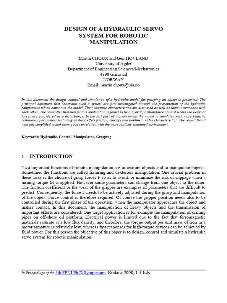 Martin CHOUX DESIGN OF A HYDRAULIC SERVO SYSTEM FOR ROBOTIC ...