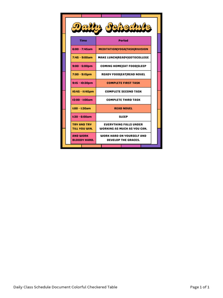Daily Class Schedule Document Colorful Checkered Table | PDF