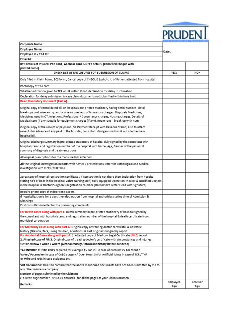 Claim Submission Document Checklist | PDF | Hospital | Health Care
