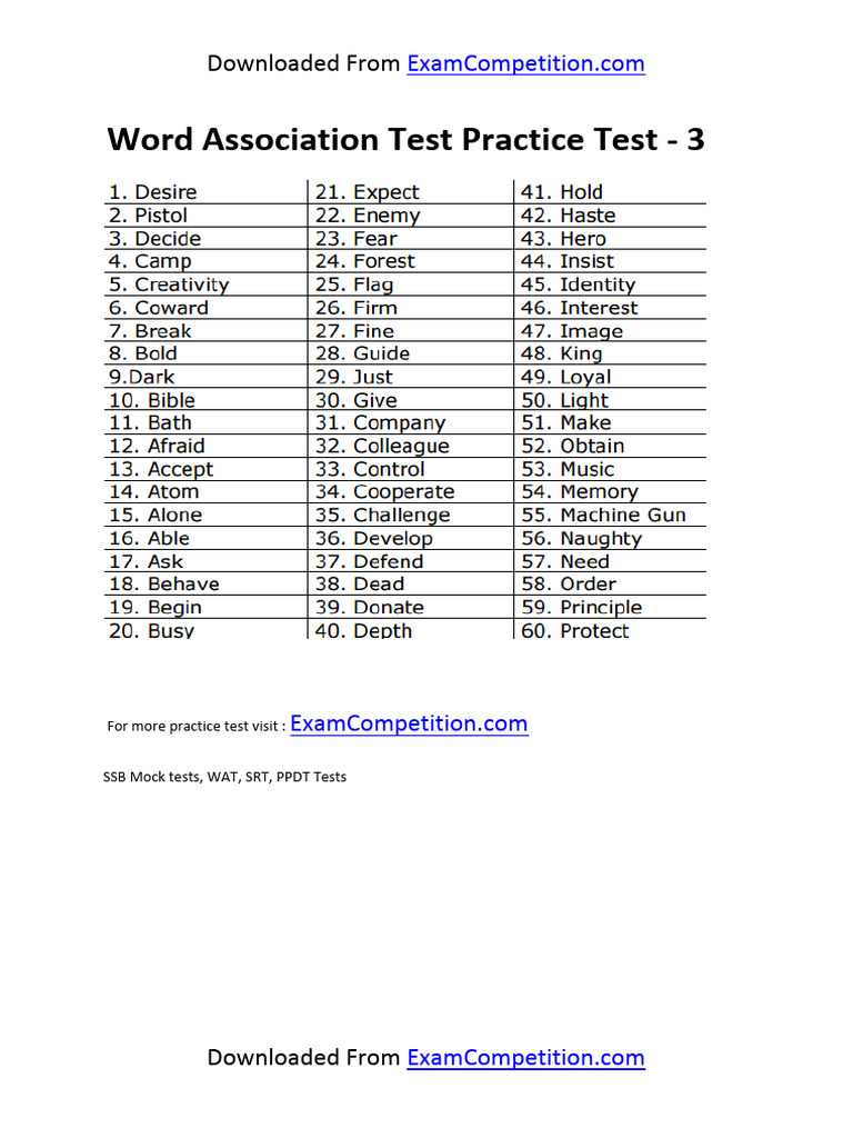 Word Association Test Practice Test 3 SSB Examcompetition | PDF