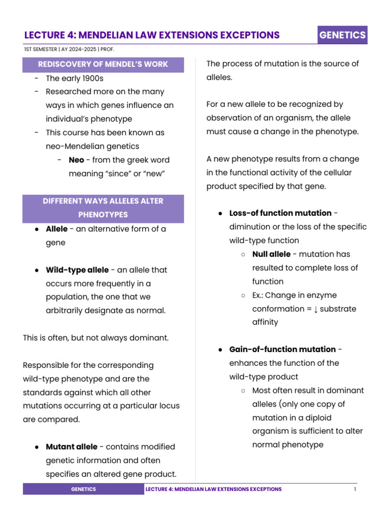 Lecture 4 - Mendelian Law Extensions Exceptions | PDF | Dominance (Genetics) | Allele