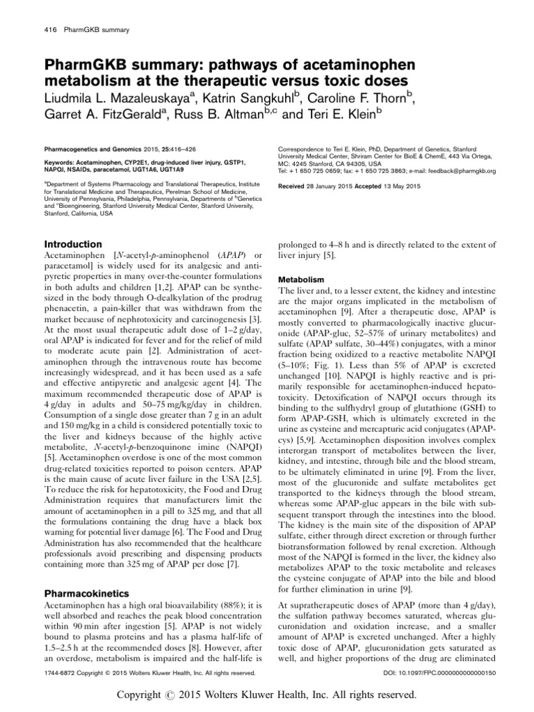PharmGKB Summary - Pathways of Acetaminophen Metabolism at The Therapeutic Versus Toxic Doses ...
