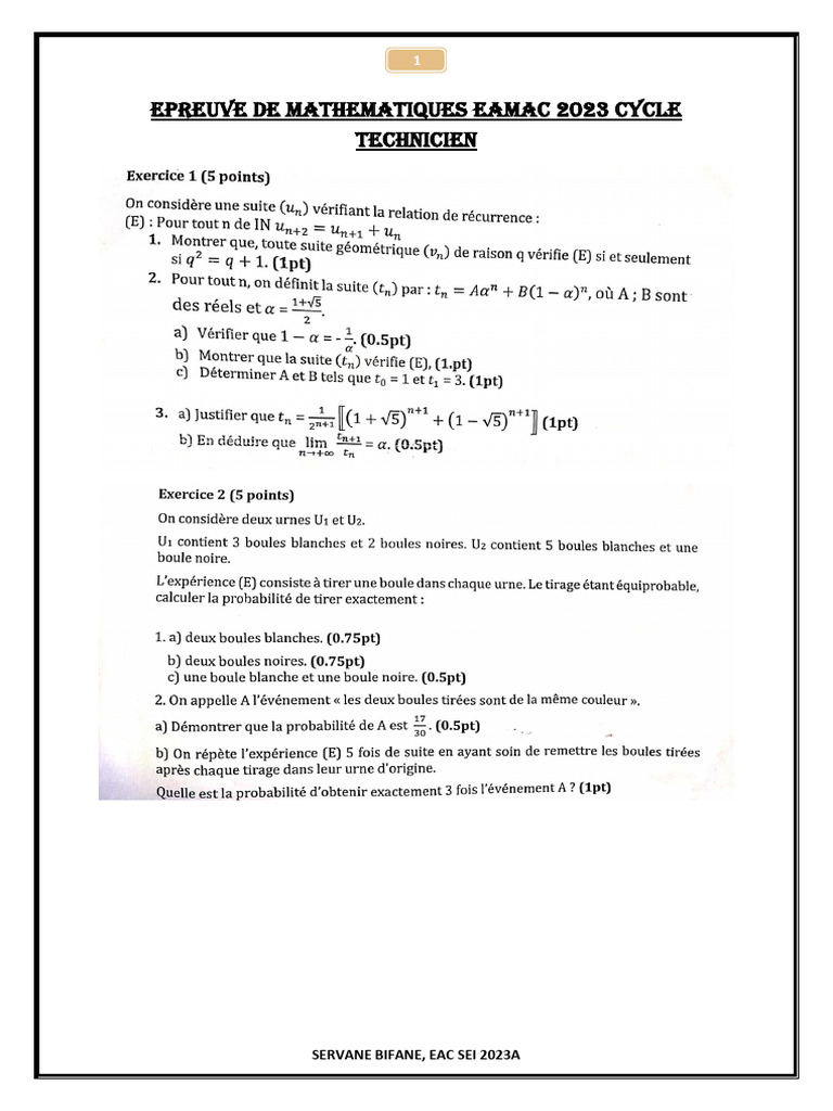 Epreuve de Mathematiques Eamac 2023 Cycle Technicien | PDF