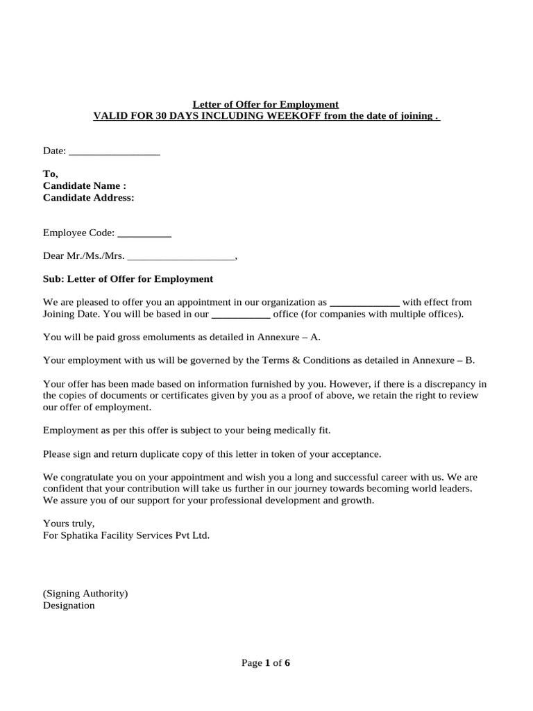 Offer Letter Sample - Sample | PDF | Contractual Term | Employment