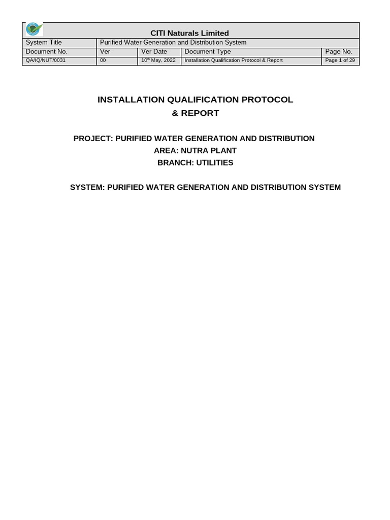 Purified Water System Qualification Report | PDF | Verification And ...