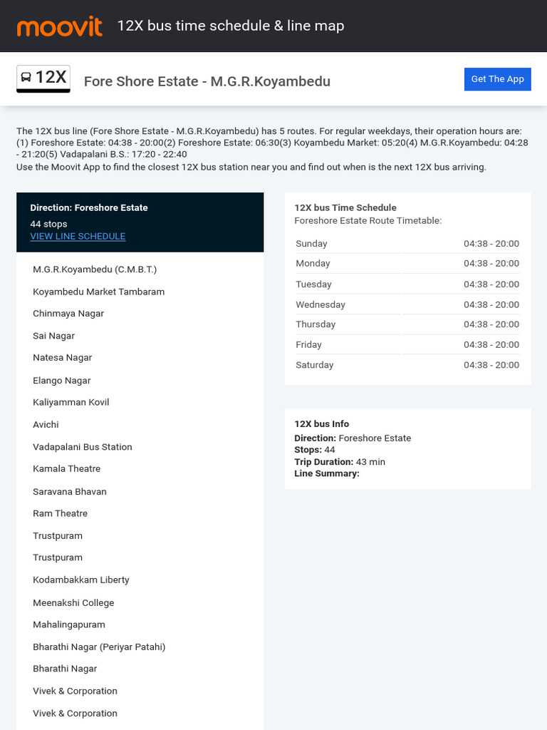 Fore Shore Estate - M.G.R.Koyambedu: 12X Bus Time Schedule & Line Map ...