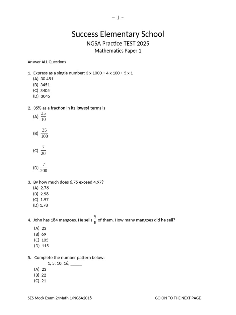 NGSA Practice Test 2025 - Mathemctics Paper 1 | PDF | Mathematics ...