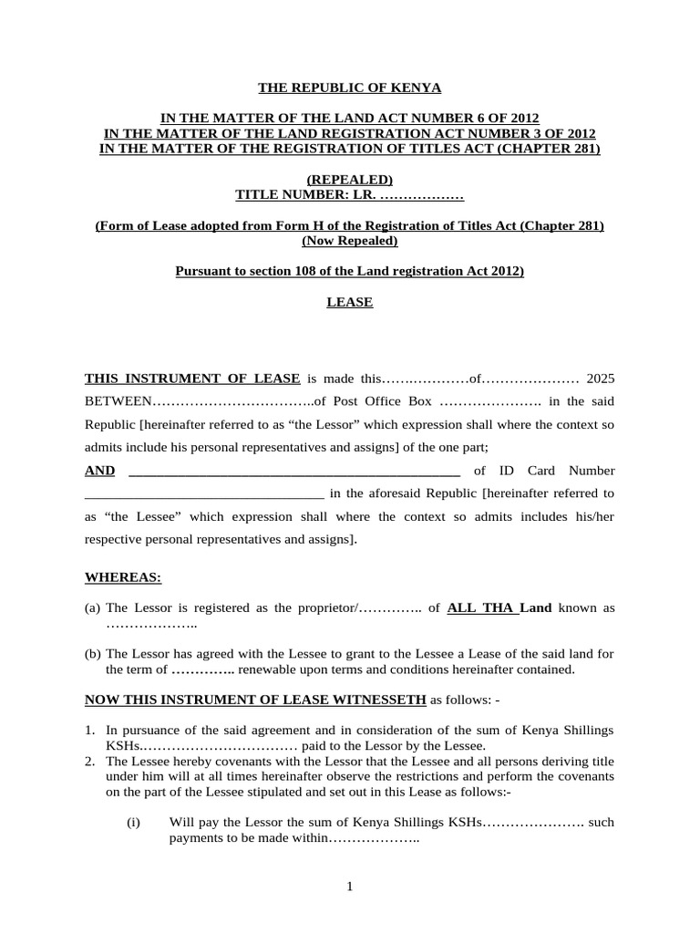 Lease Agreement Template for Kenya | PDF | Lease | Natural Resources Law