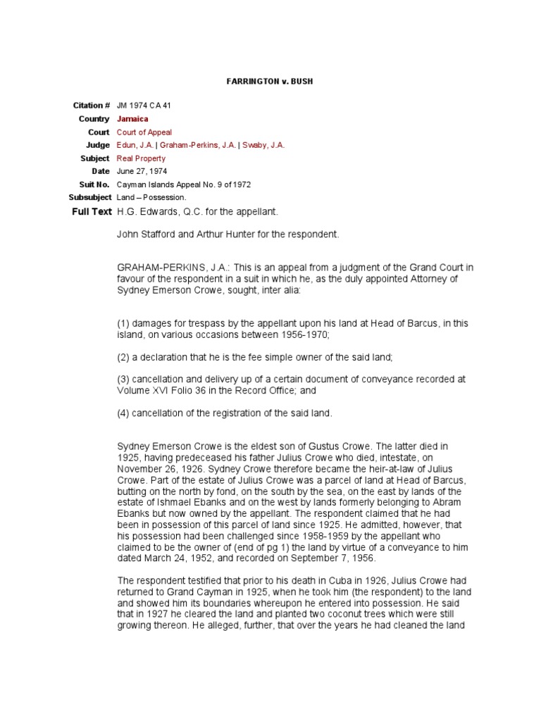 Adverse Possession Case: Farrington v. Bush | PDF | Possession (Law ...