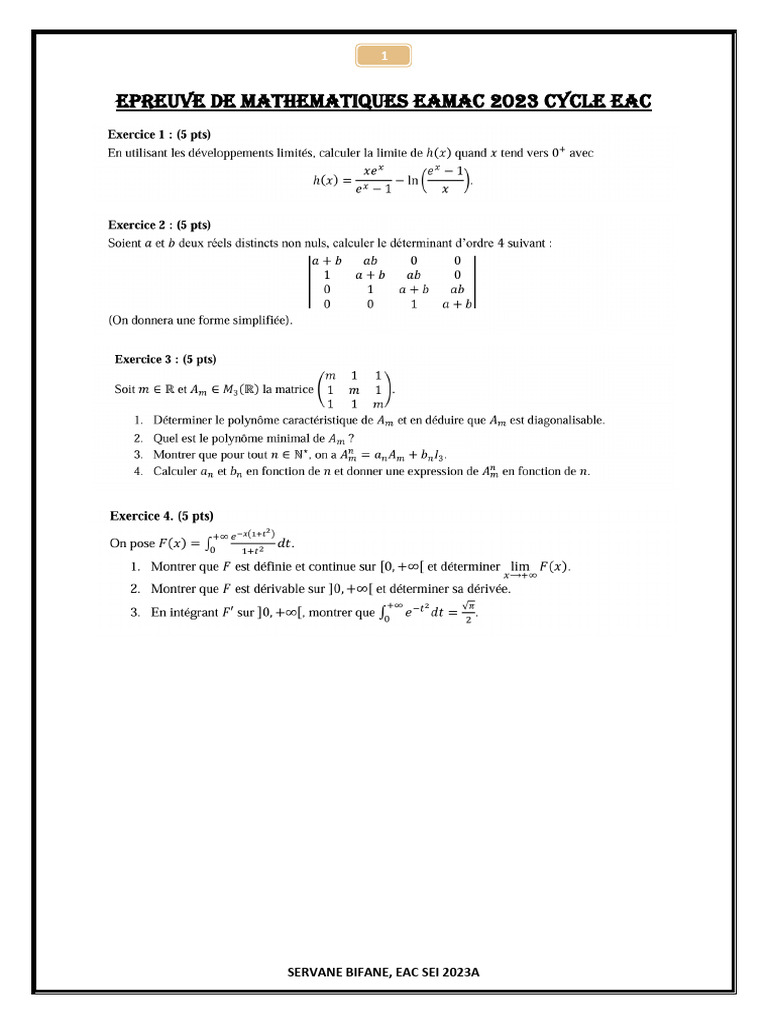 Epreuve de Mathematiques Eamac 2023 Cycle Eac | PDF
