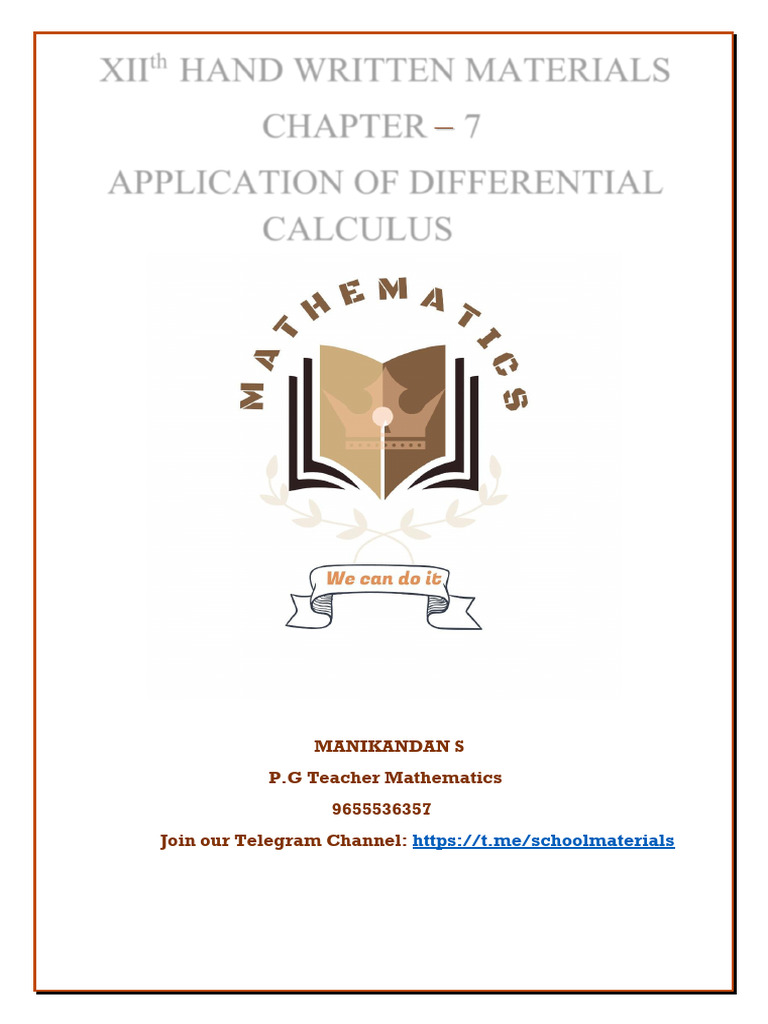 12th Maths Chapter 7 Applicaion of Differential Calculus | PDF ...