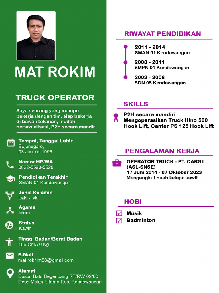Lamaran Kerja Mat Rokim_operator Truck | PDF