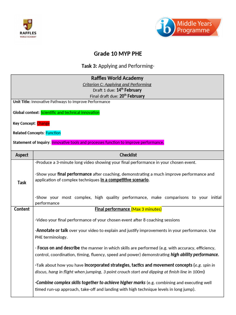 RWA Grade 10 MYP PHE-Task 3 Instructions | PDF | Reason | Knowledge