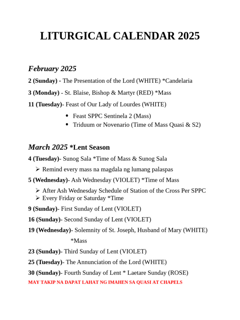 Liturgical Calendar 2025 | PDF | Lent | Liturgical Year