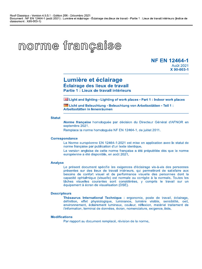 Lumiére Et Éclairage Lieux de Travail Intérieurs NF-En-12464-1-Aout-2021 | PDF