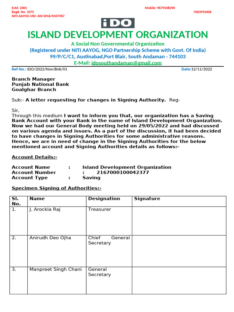 PNB Signing Authority Letter | PDF