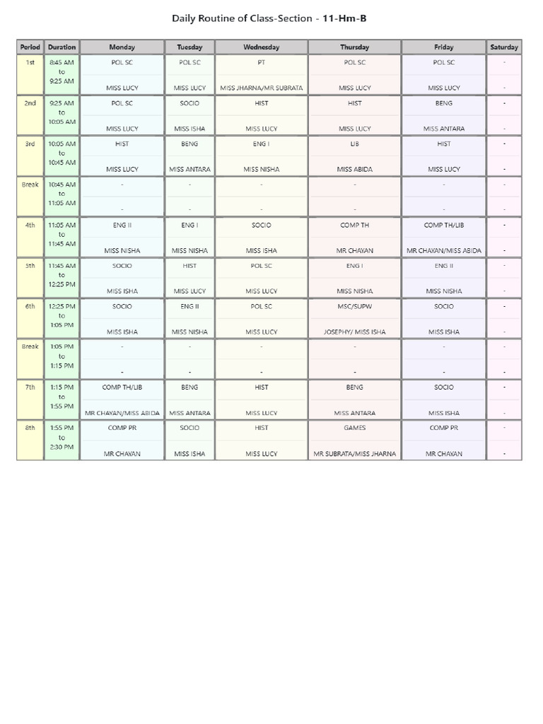 Timetable - 11 HM B | PDF