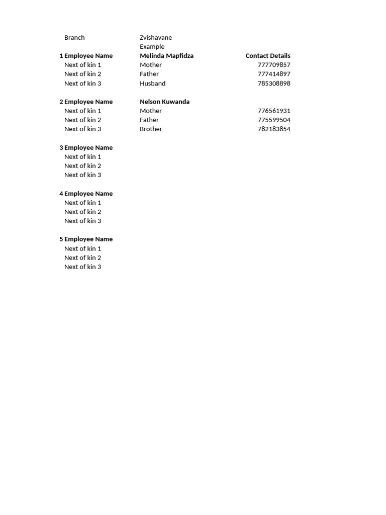 Next of Kin Update Sheet Zvishavane | PDF