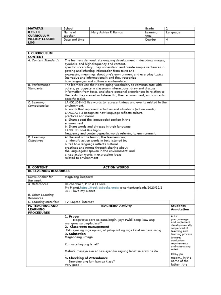 grade 1 language q4 w4 day1 | PDF | Vocabulary | Learning