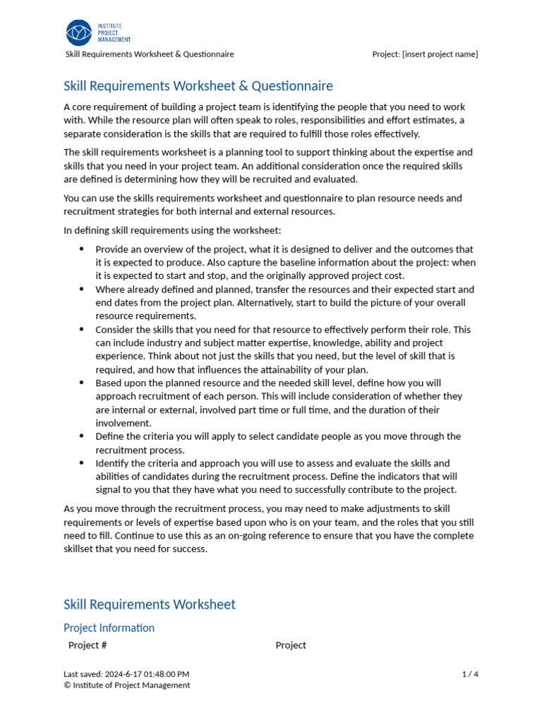 Skill Requirements Worksheet Questionnaire Template | PDF | Recruitment ...