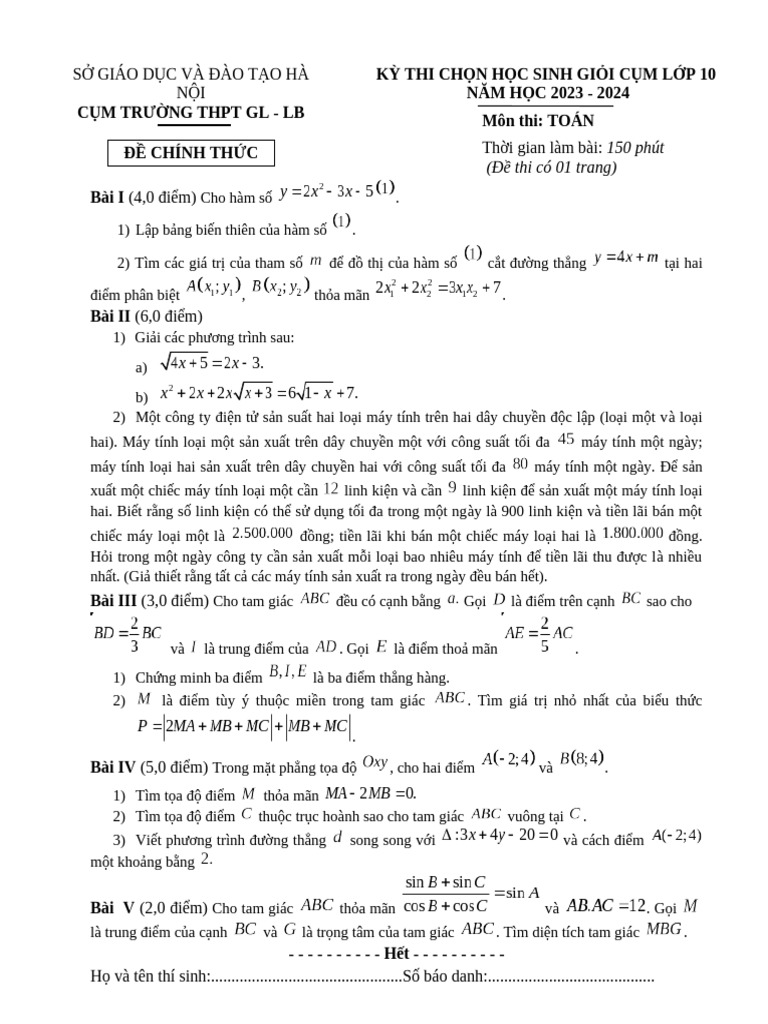Đề Và HDC Chính Thức HSG 10 Cụm GL LB 2023-2024 | PDF