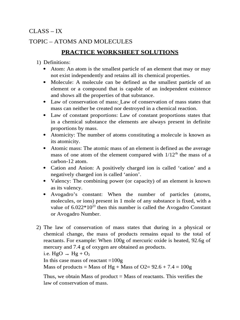 Atoms AND MOLECULES WORKSHEET SOLUTIONS | PDF | Chemistry | Ion
