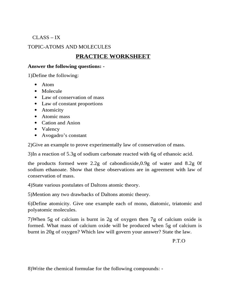 Class 9 Atoms and Molecules Worksheet | PDF