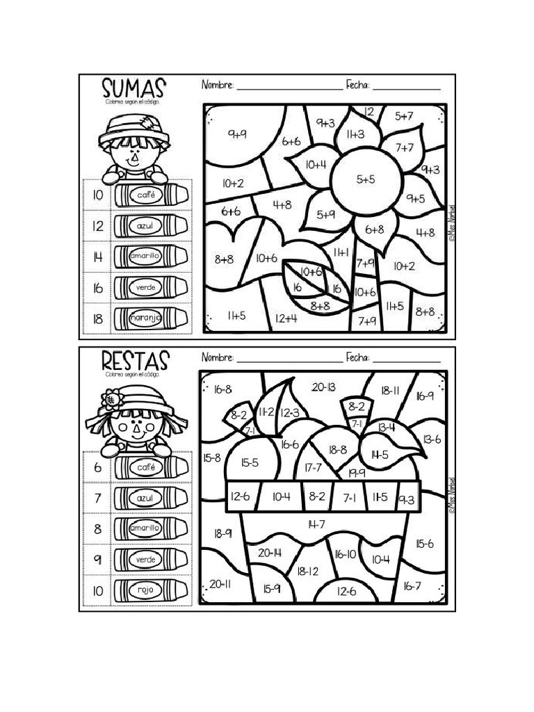 Colorear Sumas y Restas Hasta 20 | PDF