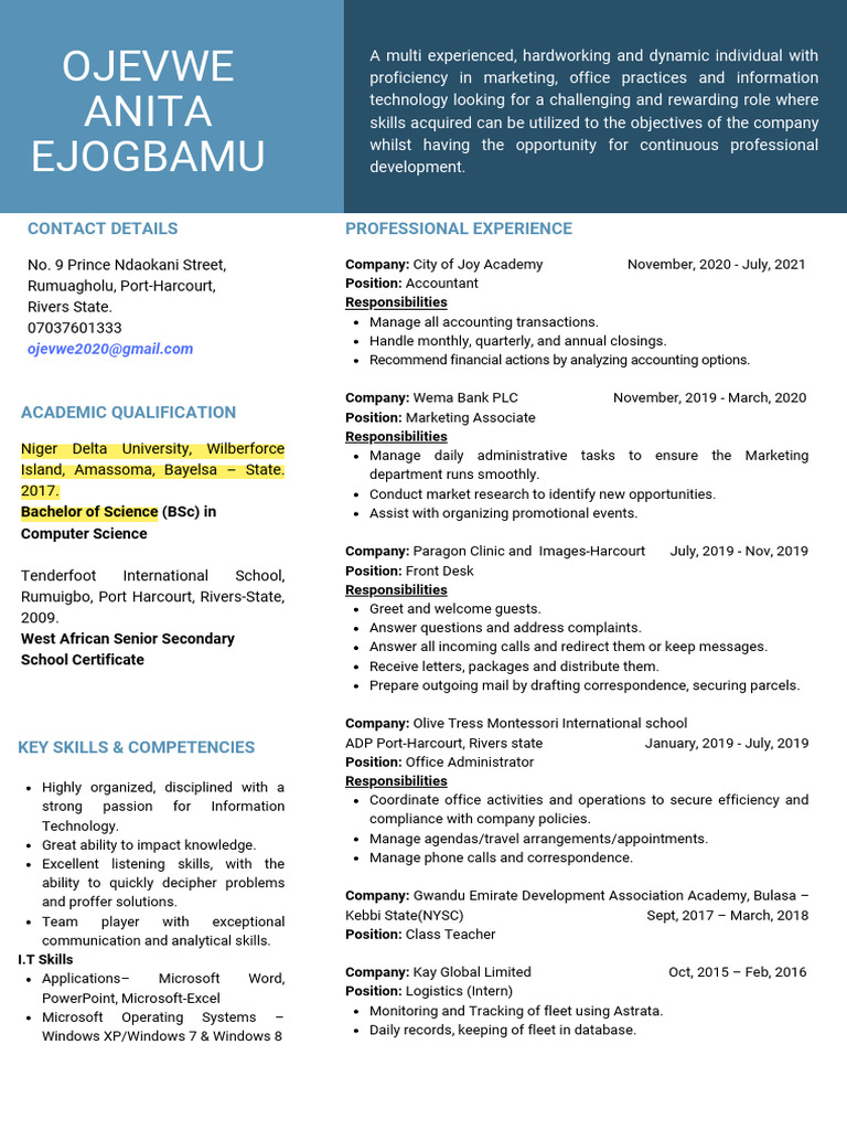 Ojevwe - Anita - Ejogbamu Resume | PDF | Software | Computing