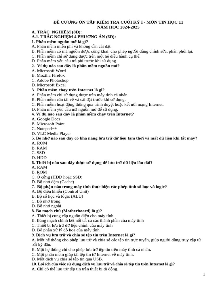 Tin 11 - Đề Cương Ôn Tập Hki (HS) | PDF