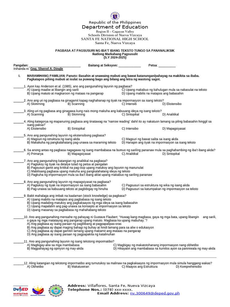 Q3 G11 Exam Pagbasa | PDF