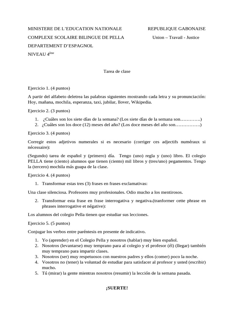 Devoir D Espagnol Niveau 4ème Pdf