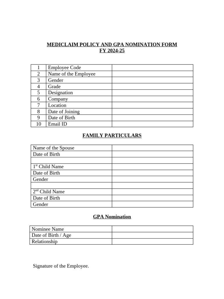 Mediclaim Policy & GPA Nomination Form | PDF