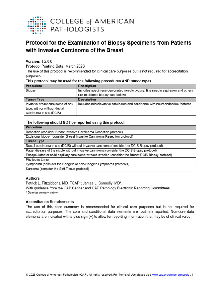 Breast Biopsy Protocol for Invasive Carcinoma | PDF | Biopsy | Carcinoma