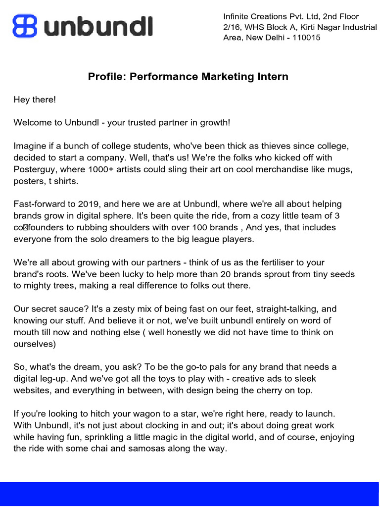 Performance Marketing Intern JD - Unbundl | PDF | Human Communication ...